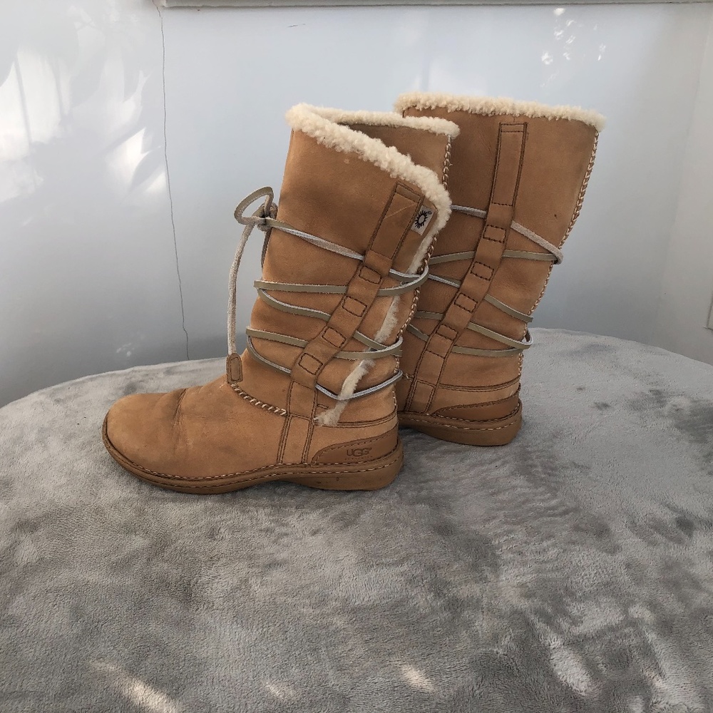 Ugg Tan Tall Leather Wrap Around Tie Boot - Gem